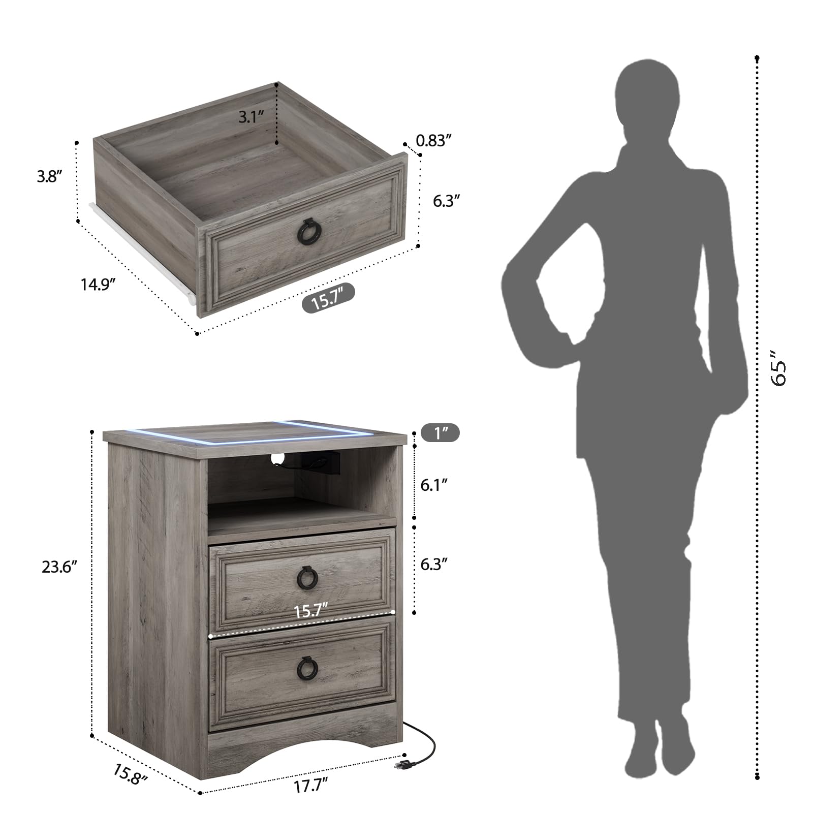 Nightstand with Strip Lights,USB Outlets Set of 2, Night Stand with Drawers, Accent Bed Side Table and End Table with Open Storage for Bedroom, Living Room,Gray