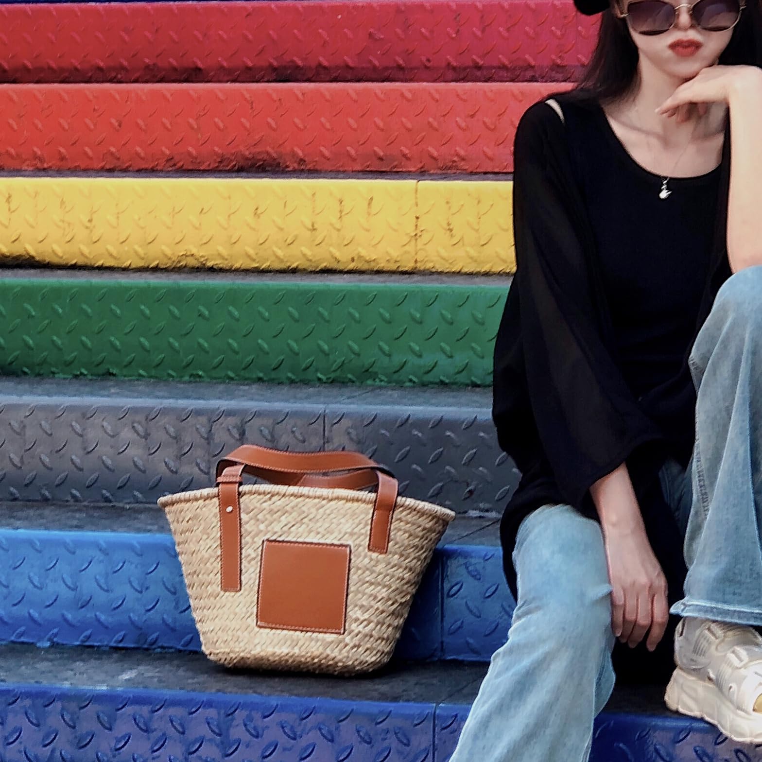 JAYAVENTURA Straw Basket Tote Bag for Women PU Leather Strap Hollow Out Woven Top Handle Straw Purses and Handbags Summer Beach (Brown)