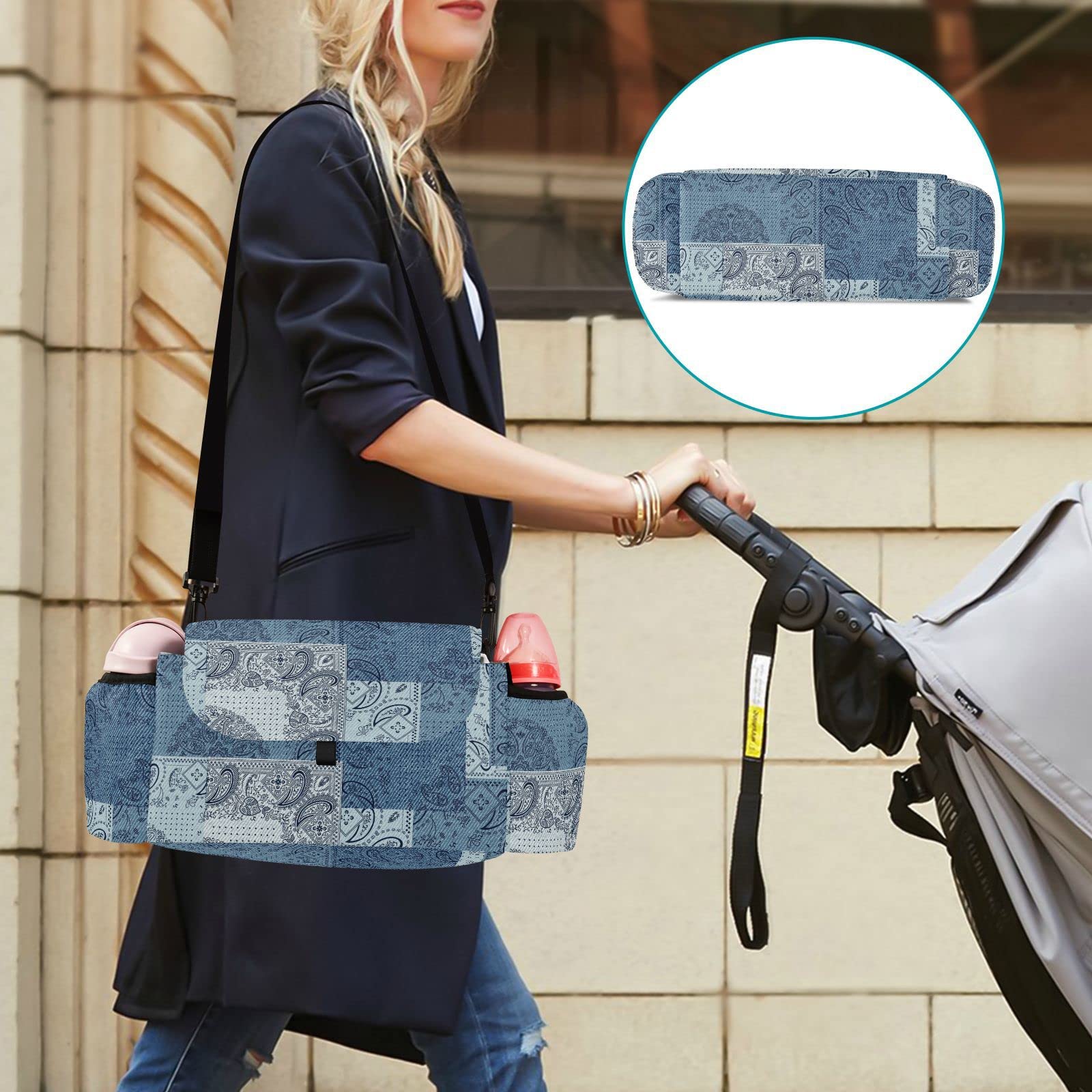 Kigai Denim Patchwork Paisley Baby Stroller Organizer with Cup Holders, Secure Hooks Accessories Adjustable Strap Stroller Bag for Bottle, Diaper, Phone, Toys, Baby Items