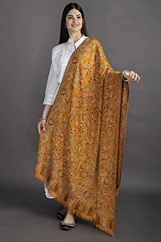 Exotic India Reversible Jamawar Shawl from Amritsar with Woven Flowers - Wool - Color Butterscotch
