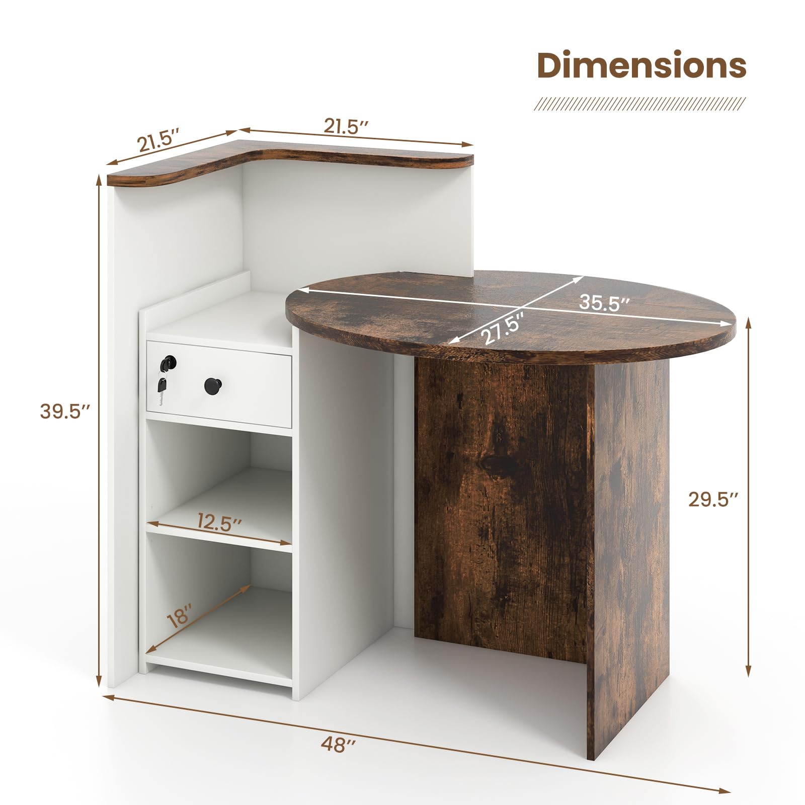 Giantex Reception Desk, Front Counter Desk with Lockable Drawer, Checkout Table with Round Tabletop, Corner Shelf & Adjustable Shelf for Office Beauty Salon Retail Store (Brown & White)