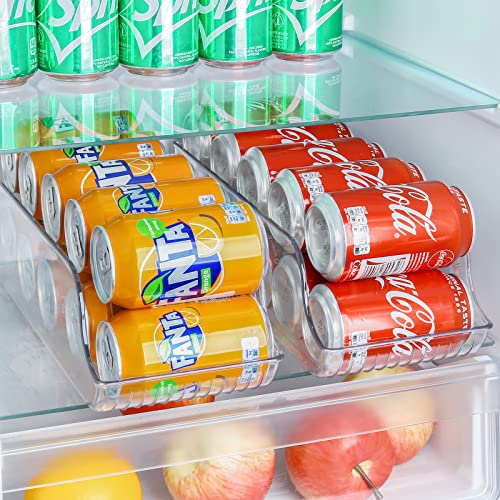 Puricon 2 Pack Can Drink Dispenser Organizer for Refrigerator, Clear Plastic Soda Pop Can Holder Container Storage Bin for Fridge Freezer Pantry Cabinet Kitchen -for Standard Can