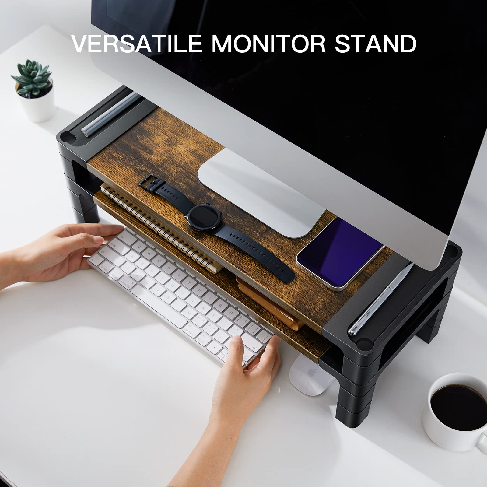 HUANUO Monitor Stand Computer Riser, Monitor Stand for Desk with Adjustable Height and 2 Platforms, Ergonomic Computer Riser, Monitor Riser for Laptops and Monitors