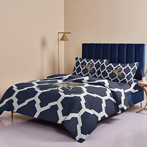 Moroccan Textured Dinosaur on Bicycle Duvet Cover Sets 4 Piece Twin Ultra Soft Bed Quilt Cover Set for Kids/Teens/Women/Men,Modern Minimalism Navy Blue Back Bedding Collection All Season Use