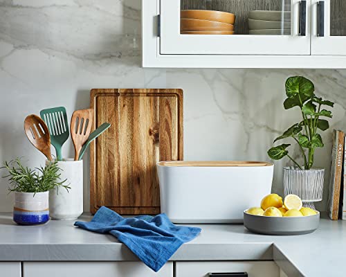Sonder Los Angeles, Modern Bamboo Fiber (White) Bread Box for Kitchen Countertop with Reversible Wood Serving Lid, Homemade Bread Storage 14.25 x 9.25 x 7in, Storage Bin and Bread Container