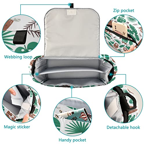 Kigai Sloth Palm Leaves Baby Stroller Organizer with Cup Holders, Secure Hooks Accessories Adjustable Strap Stroller Bag for Bottle, Diaper, Phone, Toys, Baby Items