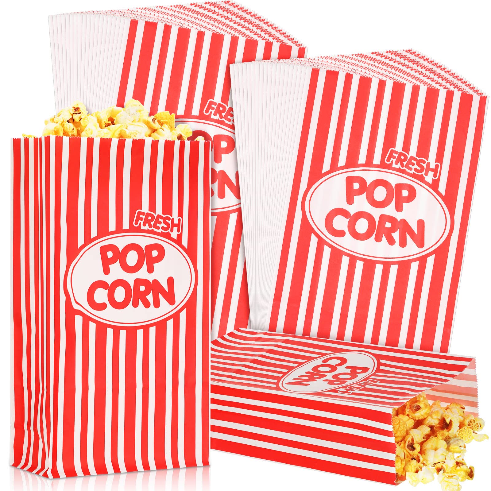 Paper Popcorn Bags 2 oz Disposable Individual Servings Popcorn Container Flat Bottom Vintage Popcorn Bags for Popcorn Machine Movie Night Party Theaters Carnivals, Red and White Striped (200 Pieces)
