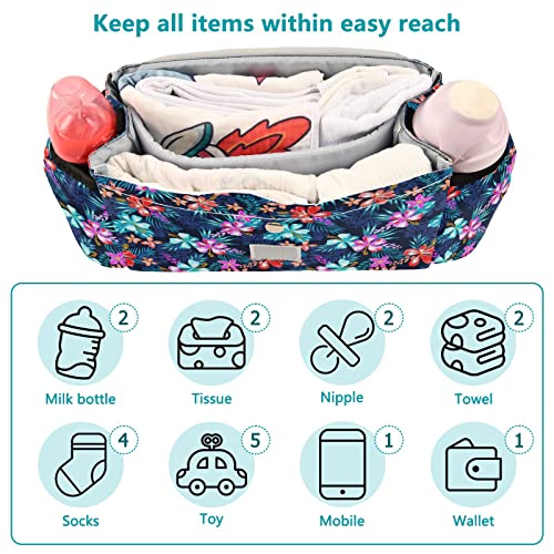 Kigai Tropical Palm Flower Baby Stroller Organizer with Cup Holders, Secure Hooks Accessories Adjustable Strap Stroller Bag for Bottle, Diaper, Phone, Toys, Baby Items