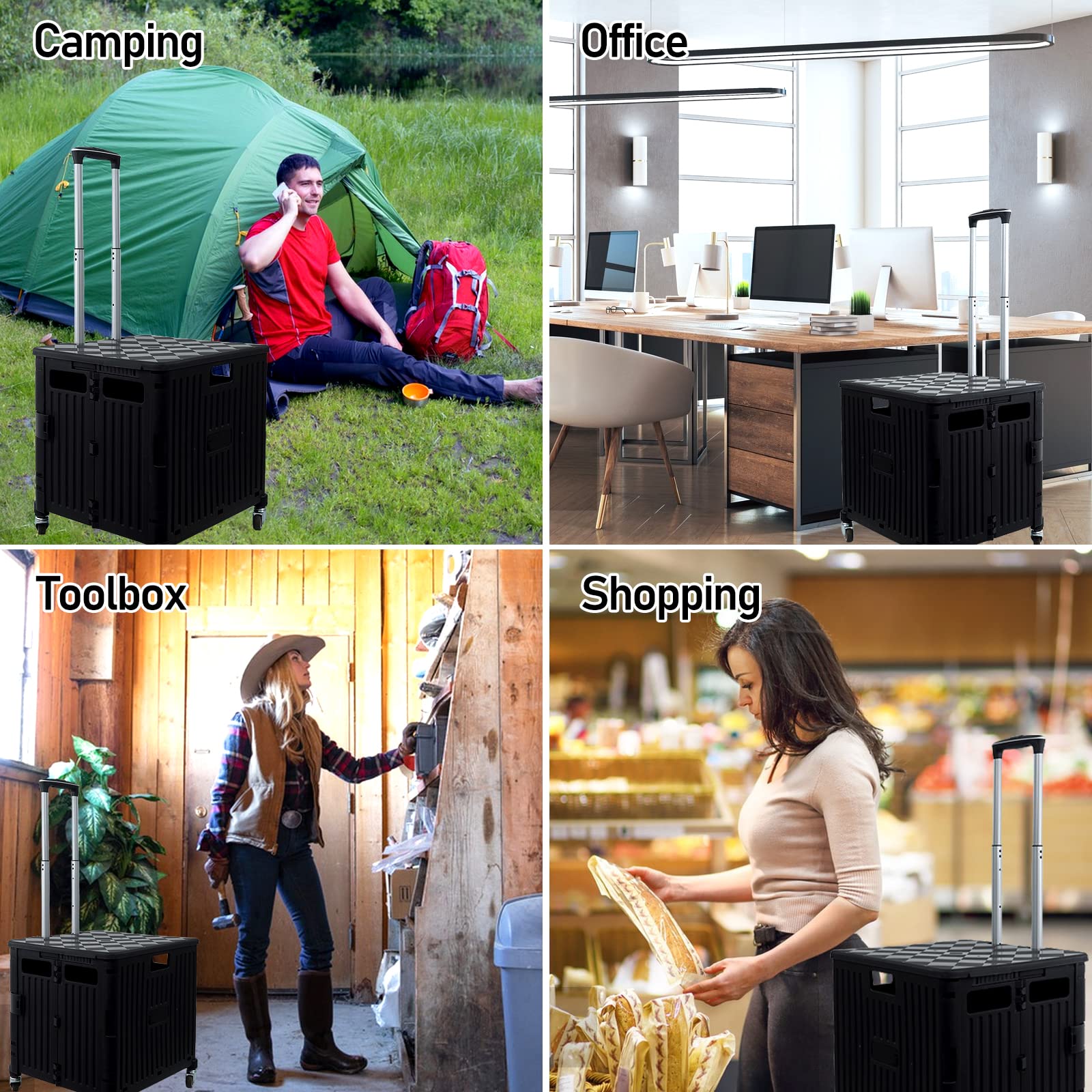 Foldable Utility Cart with Wheels, Collapsible Rolling Cart with Telescoping Handle, 360°Rotate Wheel Folding Utility Cart for Storage Office Use