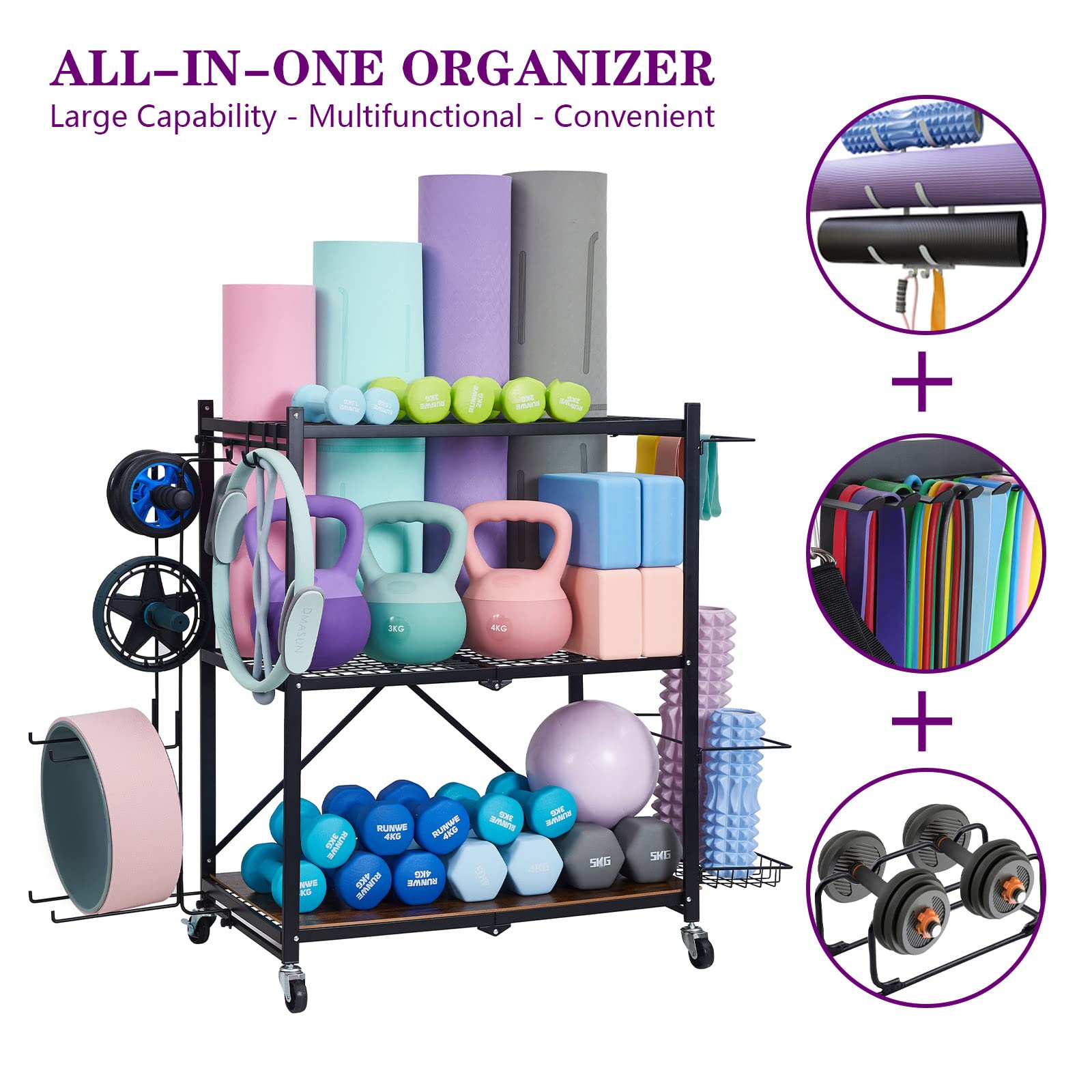 Home Gym Storage, Foldable Yoga Mat Storage Rack for Gym Equipment, Women Men Yoga Mat Holder with Hooks & Wheels, Multifunctional Workout Equipment Storage Rack for Dumbbells