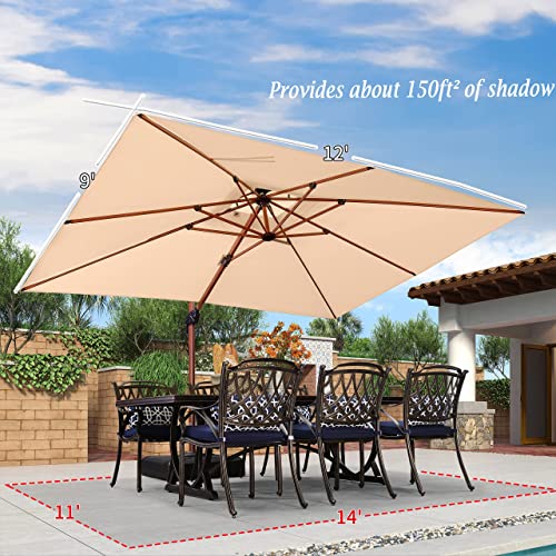 PURPLE LEAF 9' X 12' Double Top Deluxe Wood Pattern Rectangle Patio Umbrella Offset Hanging Umbrella Outdoor Market Umbrella Garden Umbrella, Beige