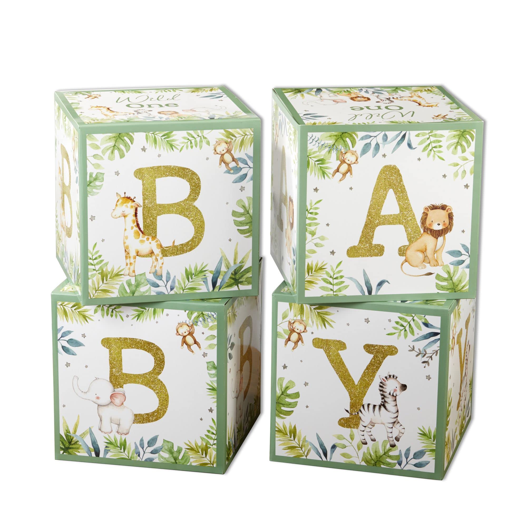 Kate Aspen Safari Baby Boxes with Letters for Baby Shower Decorations Photo Prop & Jungle Animal Nursery Décor (Set of 4 Spells BABY) (28609NA)