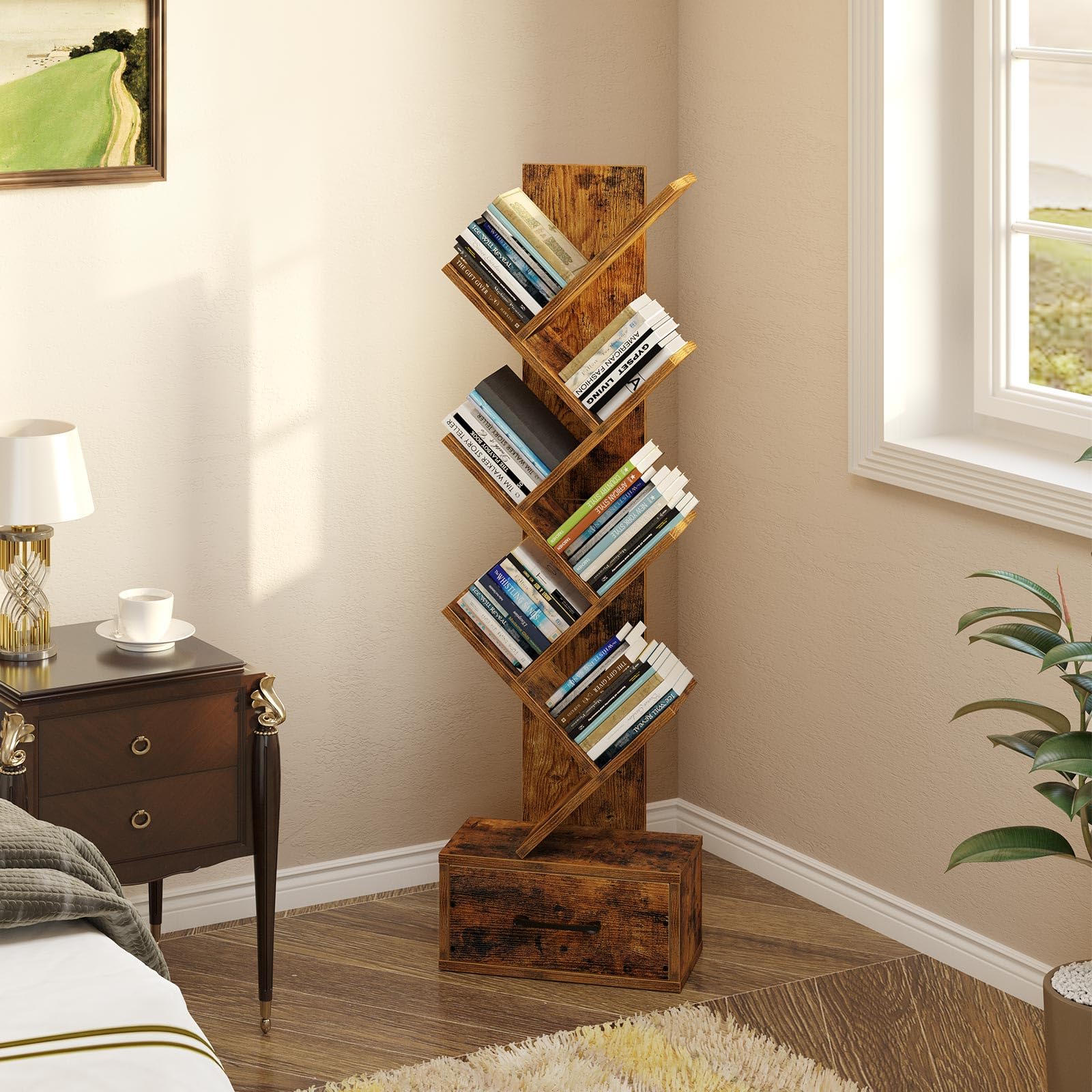 Rolanstar Bookshelf with Wooden Drawer, 7 Shelf Tree Bookshelf, Modern Book Storage, Free Standing Tree Bookcase, Utility Organizer Shelves for Home Office, Living Room, Bedroom, Rustic Brown
