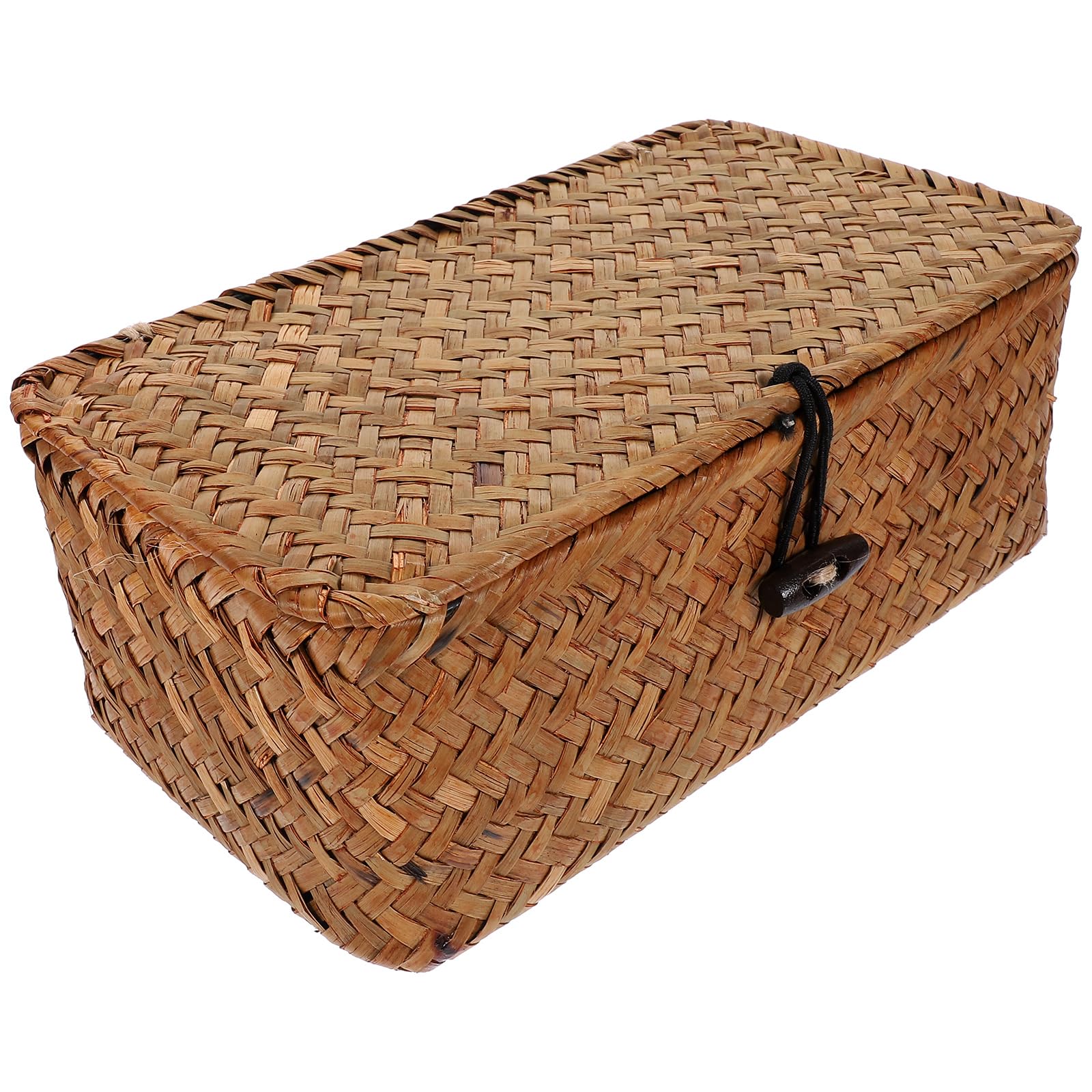 Gatuida Rectangular Wicker Baskets with Lids, Seagrass Storage Baskets with Button Multipurpose Container for Desktop,Size S