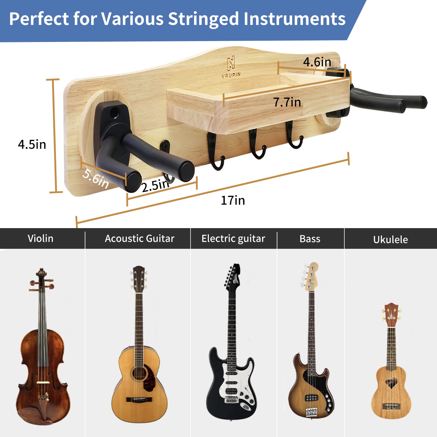 HPGJLEE Guitar Wall Mount, Natural Solid Wood Guitar Hanger with Shelf and Pick, Guitar Wall Holder, Guitar Stand, Guitar Rack