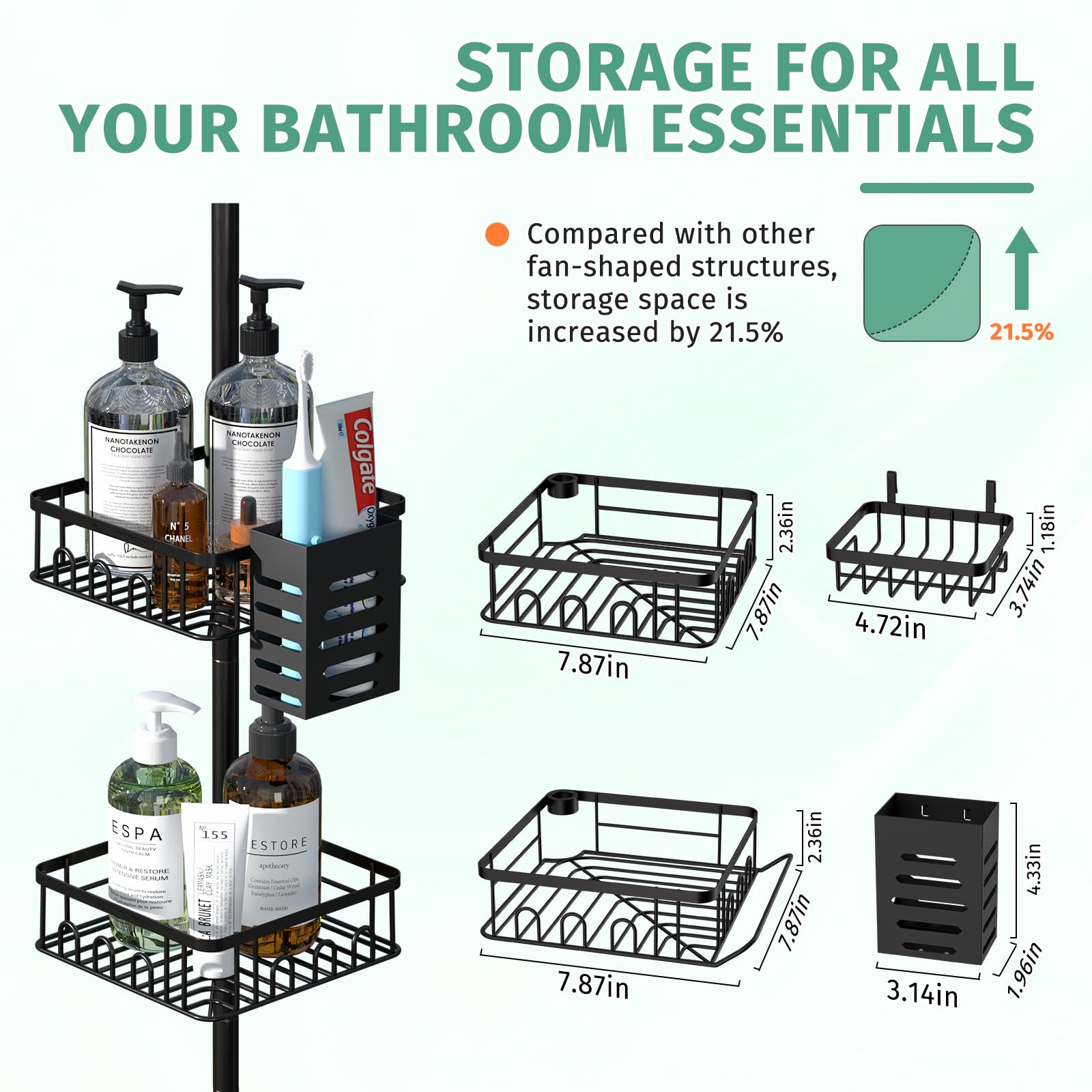 ksdenuov Corner Shower Caddy Tension, Adjustable 34-101 Inches Shower Caddy Tension Pole, 4-Tier Rust-Resistant Freestanding Shower Caddy With Rod, Suitable for Bathtub and Shower Organizer - Black