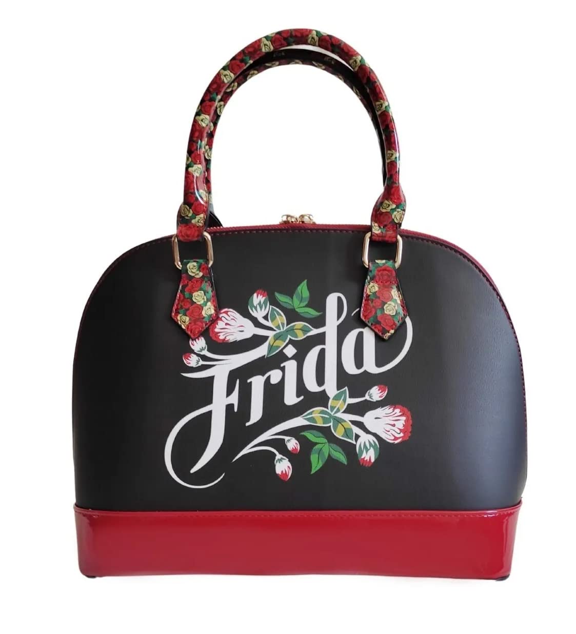 LuxeBag Frida Kahlo Faux Leather Around Zip Handbag with Long Strap (Black/Red)