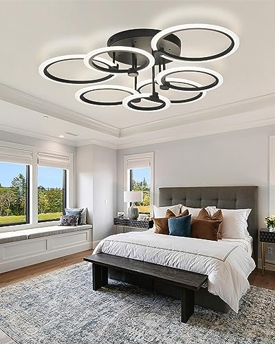SEABLE Modern LED Ceiling Light 7 Rings Dimmable Ceiling Light Fixtures with Remote Black Close to Ceiling Light 31.8" 130W 3000K-6500K Flush Mount Ceiling Lamp for Living Room,Bedroom,Kitchen