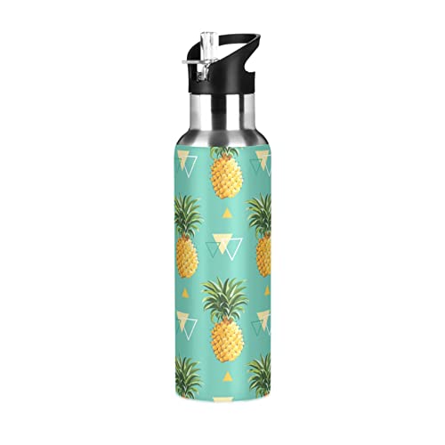 Sports Water Bottle - BPA Free Leakproof Vacuum Pineapple and Triangle Pattern Insulated Stainless Steel Water Jug, Thermo Bottle with Straw Lid for Gym, Kitchen, Working, Outdoor Sport