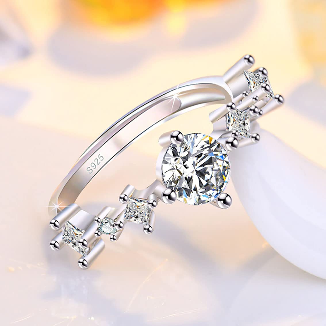 HONYAT Simulation Diamond Ring Wedding or Engagement Opening Copper Silver Plated Adjustable Ring Fashion S925 Sterling Silver Zircon Single Diamond Live Mouth Ring