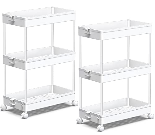 SPACEKEEPER Storage Cart 3 Tier Bathroom Storage Organizers, Rolling Utility Cart with Wheels Slide Out Storage Shelves Mobile Shelving Unit Organizer for Office, Bedroom, Laundry Room, White, 2 Pack