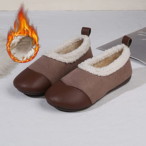 Ladies Fashion Solid Color Suede Leather Panel Warm Plush Flat Sole Casual Shoes Men Shoes Casual Sandals Brown
