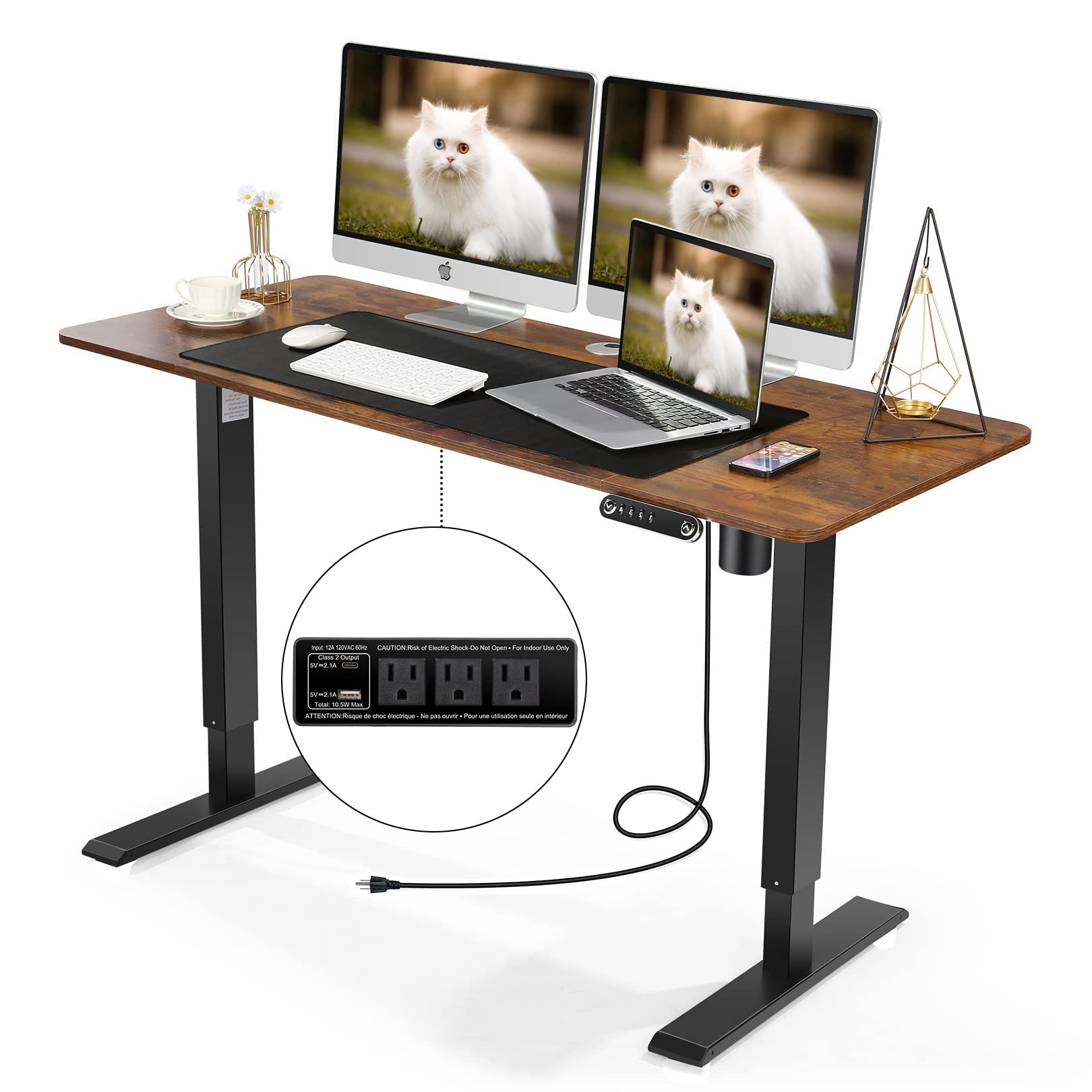 farexon Adjustable Standing Desk, 48in Raising Desk Ergonomic Desk with 2 USB Ports & 3 Power Outlets, and 6.5 ft Power Cord, Height Adjustable Desk with Double Crossbeam Structure, Brown