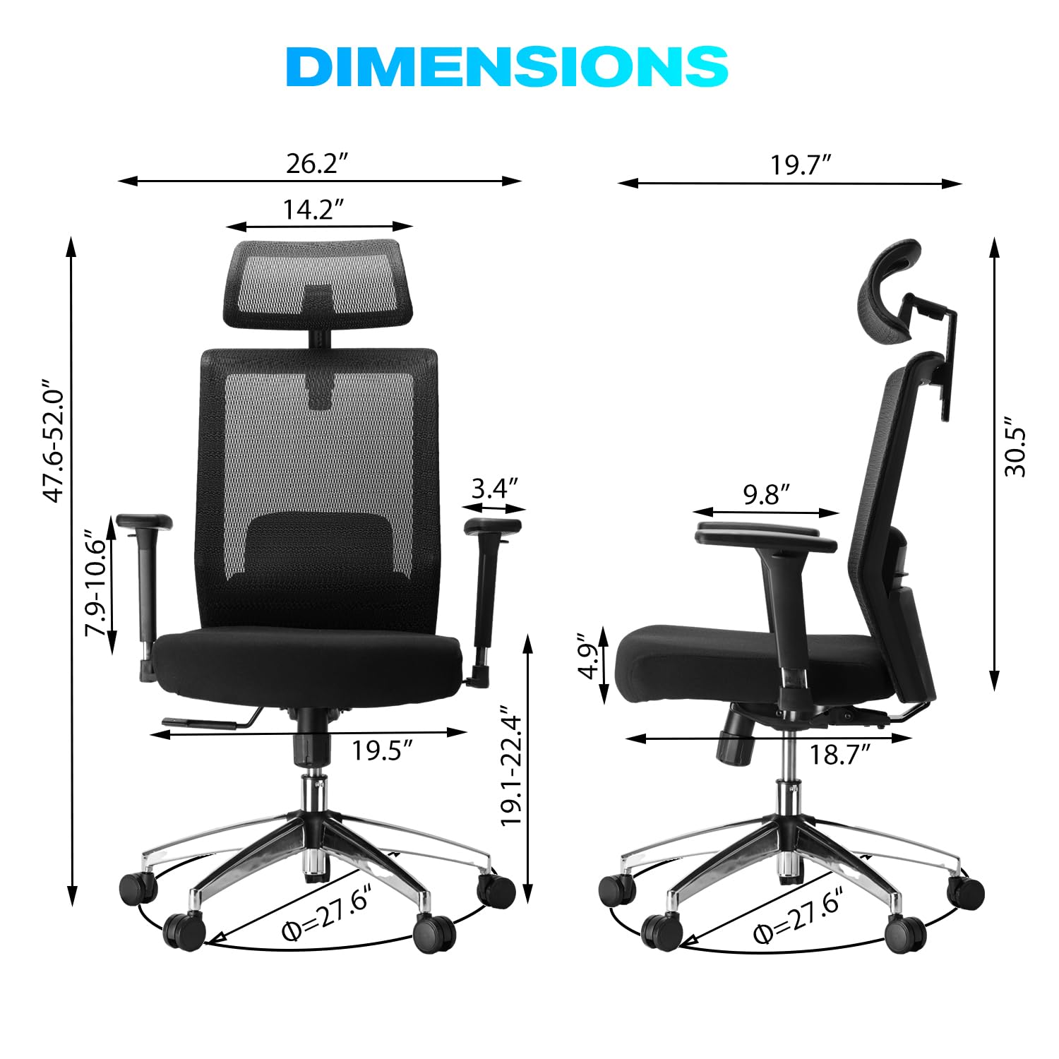 Ergonomic Office Chair, High-Back Mesh Chair 2D Adjustable Headrest with 3D Metal Armrest, Adjustable Lumbar Support Swivel Computer Executive Chair for Office