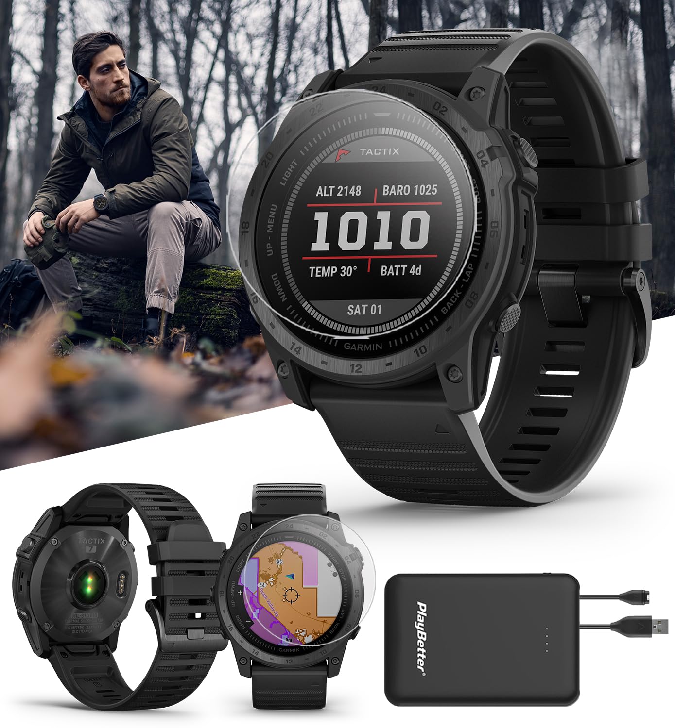 Garmin tactix 7 Tactical GPS Watch Bundle - Ruggedly Built, Built-in LED Flashlight, Multi-GNSS - Includes PlayBetter HD Screen Protectors & Portable Charger