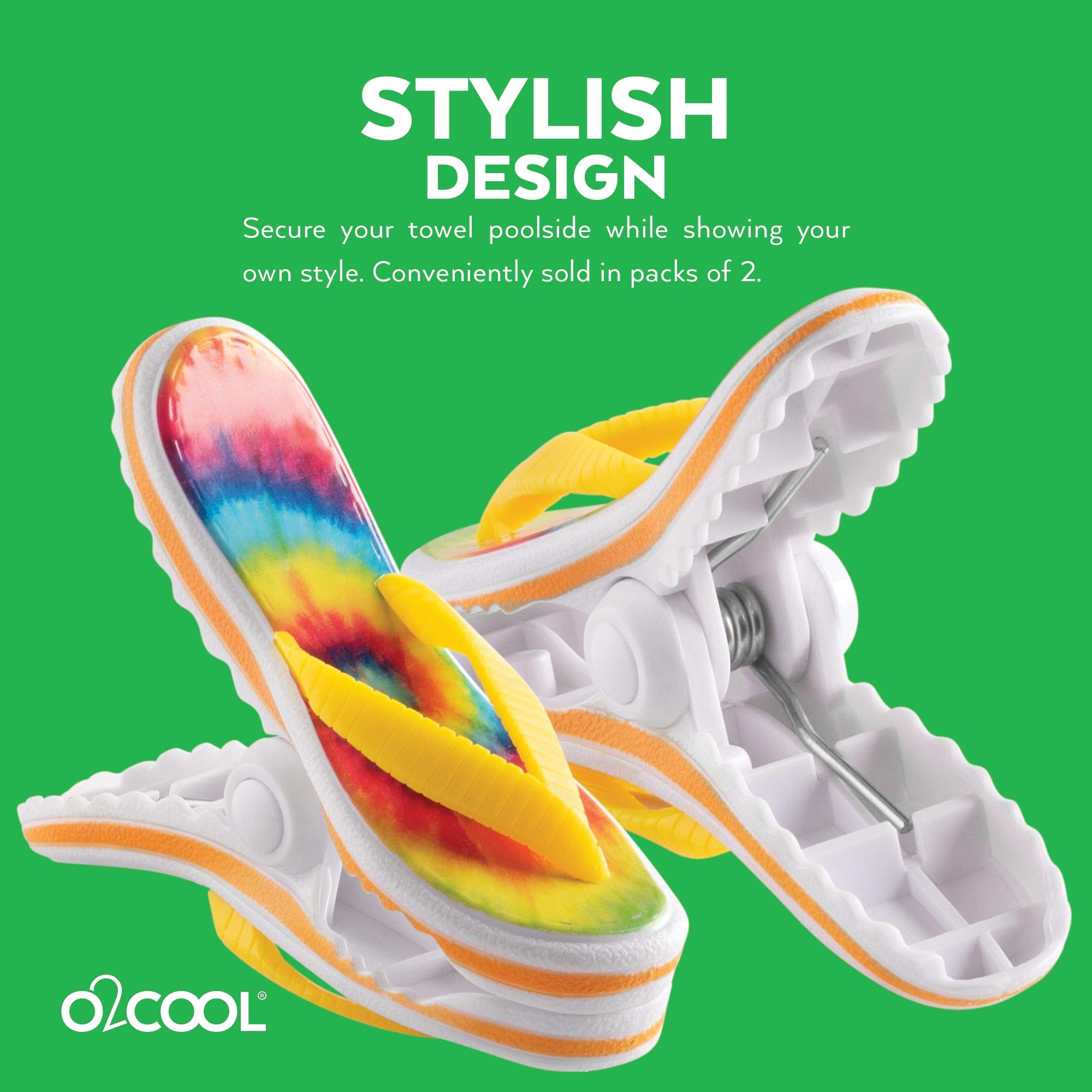 O2COOL Bocaclips - Beach Towel Clips for Beach Chairs, Patio and Pool Accessories - (Tie Dye Flip Flop) 2 Count