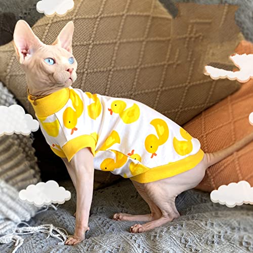 Sphynx Cat Summer Clothes for Cats Only Cute Animal Cotton T-Shirts Soft Breathable Pullover Vest with Sleeveless Kitten Shirts for Sphynx (M (4.9-7.3lbs), Yellow Duck)