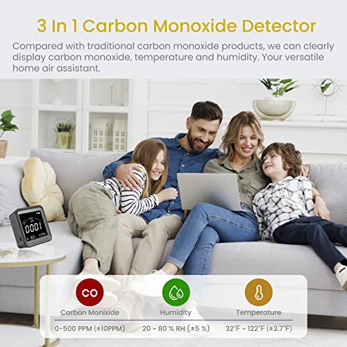 LSENLTY Carbon Monoxide Detector, High Accuracy CO Detector with Digital LCD Display, 3-in-1 Air Quality Monitor(CO, Temperature and Humidity Sensor), CO Alarm Detector for Home Kitchen Travel