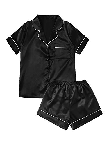 SweatyRocks Women's Short Sleeve Sleepwear Button Down Satin 2 Piece Pajama Set Black Large