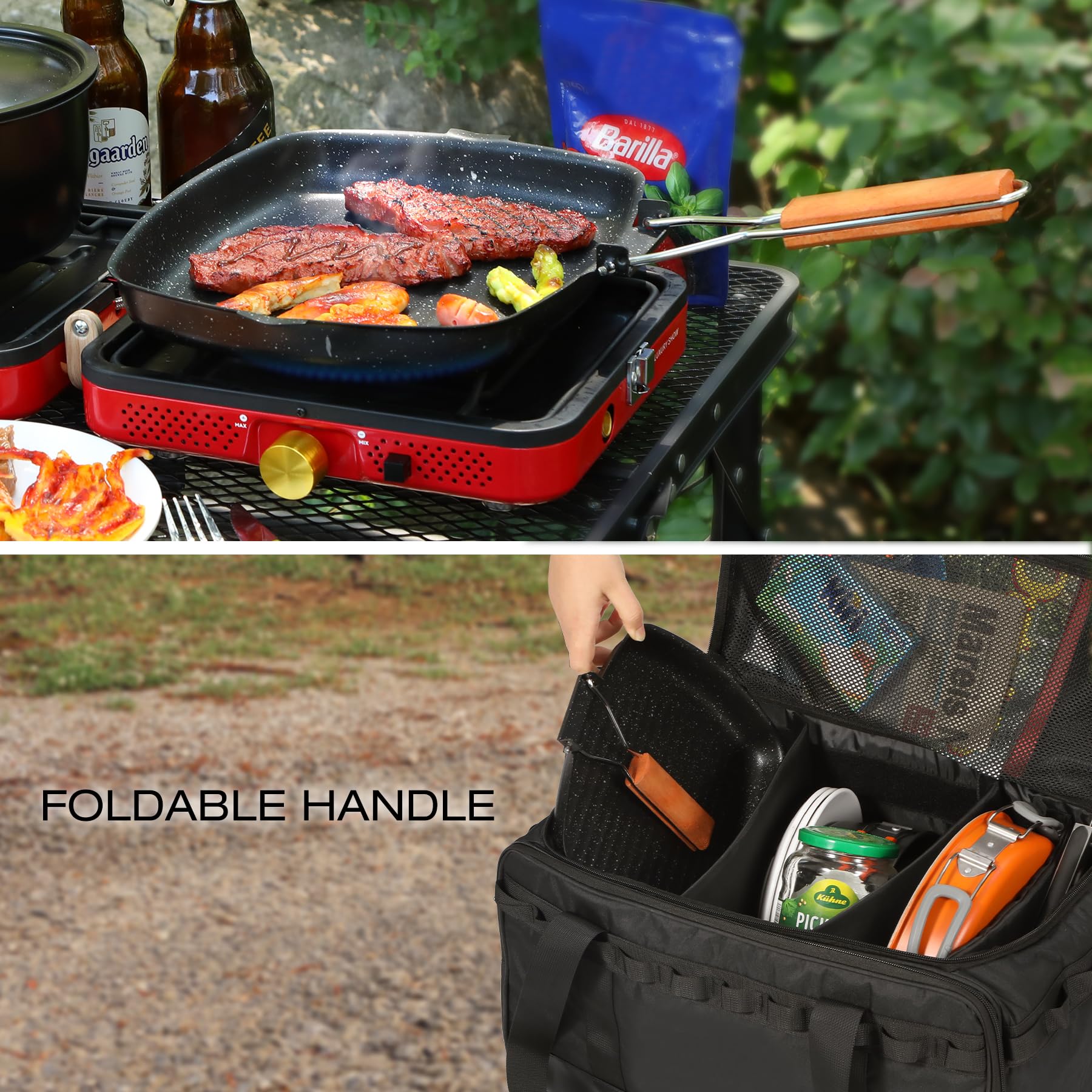 REDCAMP Nonstick Grill Pan with Folding Handle for Stove Tops, Versatile Griddle with Pour Spouts, Durable Skillet Indoor & Outdoor Grilling, Black Steak Pan, Compatible with All Stovetops,11(L)x9(W)