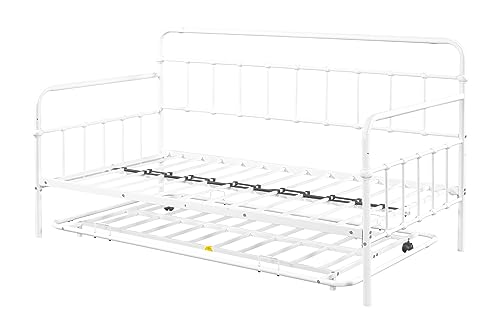 Oudiec Twin Size Metal Daybed with Trundle, Sofa Bed Frame Steel Slat Support for Teenagers/Adult Bedroom, Space Saving Design & No Box Spring Needed, White