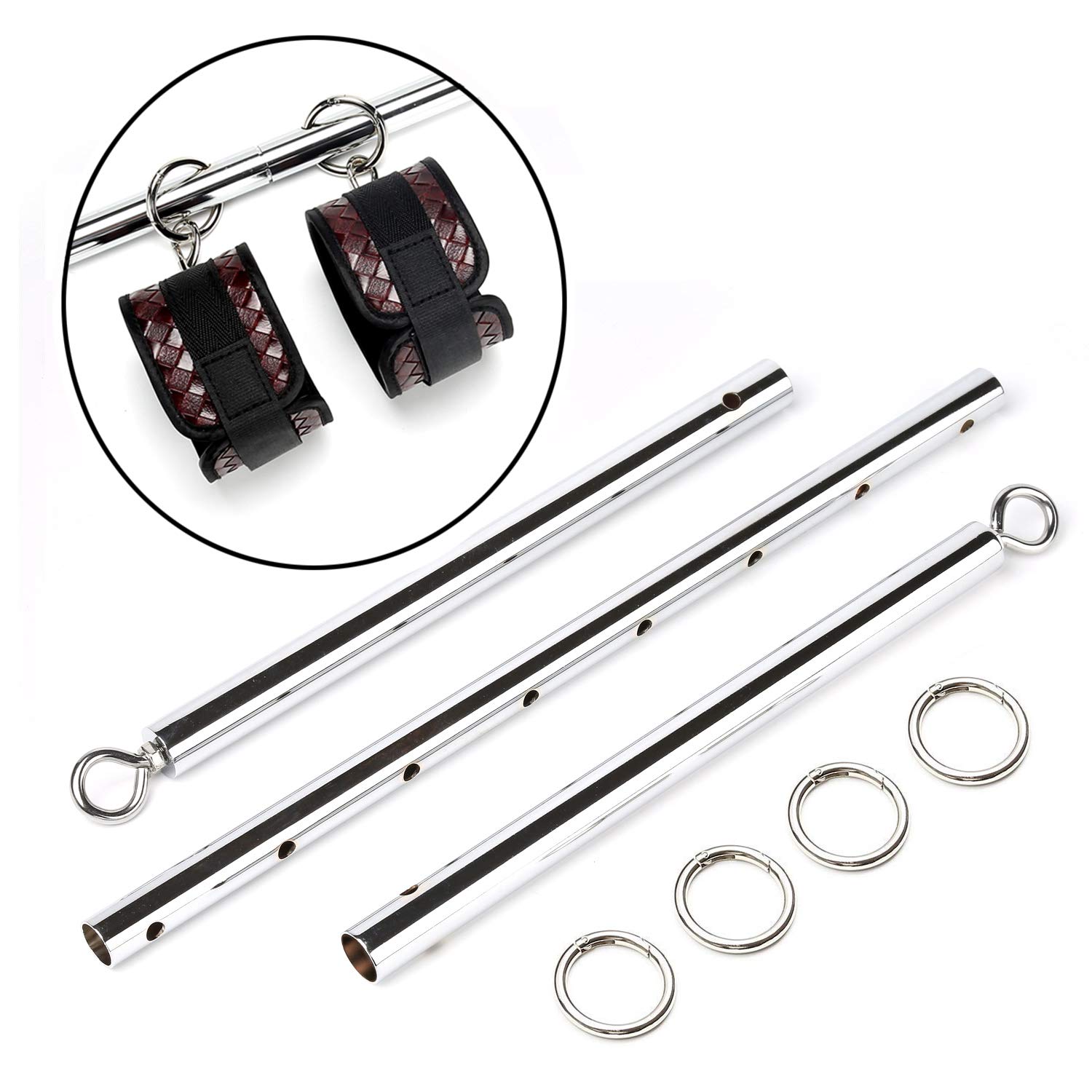 EXREIZST 2 Silver Spreader Bar Set Kit with 4 Premium Soft Red Leather Straps Adjustable Expandable Sports Exercise Fitness Training Kit
