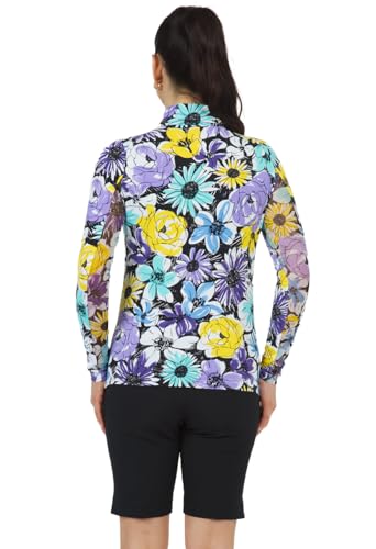 IBKUL Athleisure Wear Sun Protective UPF 50+ Icefil Cooling Tech Medeline Print Long Sleeve Mock Neck Top – 10260 Orange Multi Medeline L