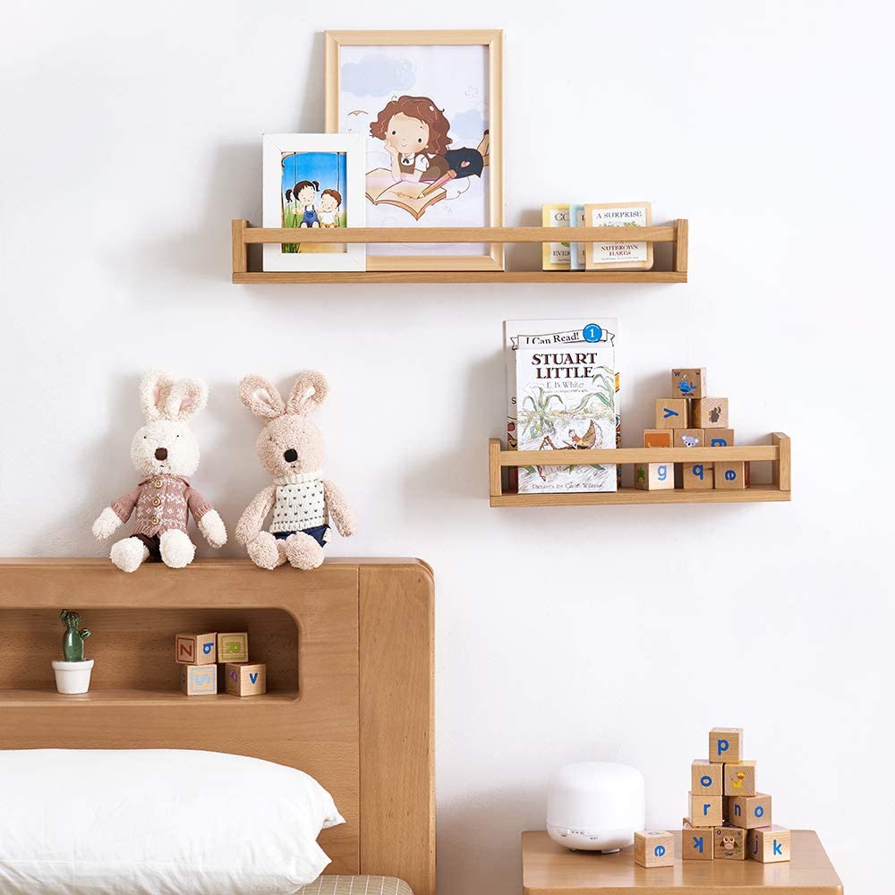 Oak Nursery Floating Shelves 27.5 inches Wall Mounted Nursery Shelf Wood Bookshelf Wall Shelves for for Bedroom Living Room Kitchen Spice Rack