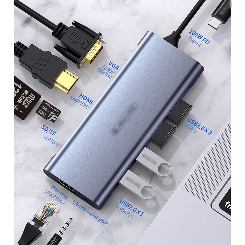Hub Dock Adapter USB C Dock 11-in-1 USB C Hub Connect HDMI, VGA, SD/TF Card Reader, PD 100W, 3 USB 3.0 and USB 2.0, Ethernet, 3.5mm Ports Computer Accessories