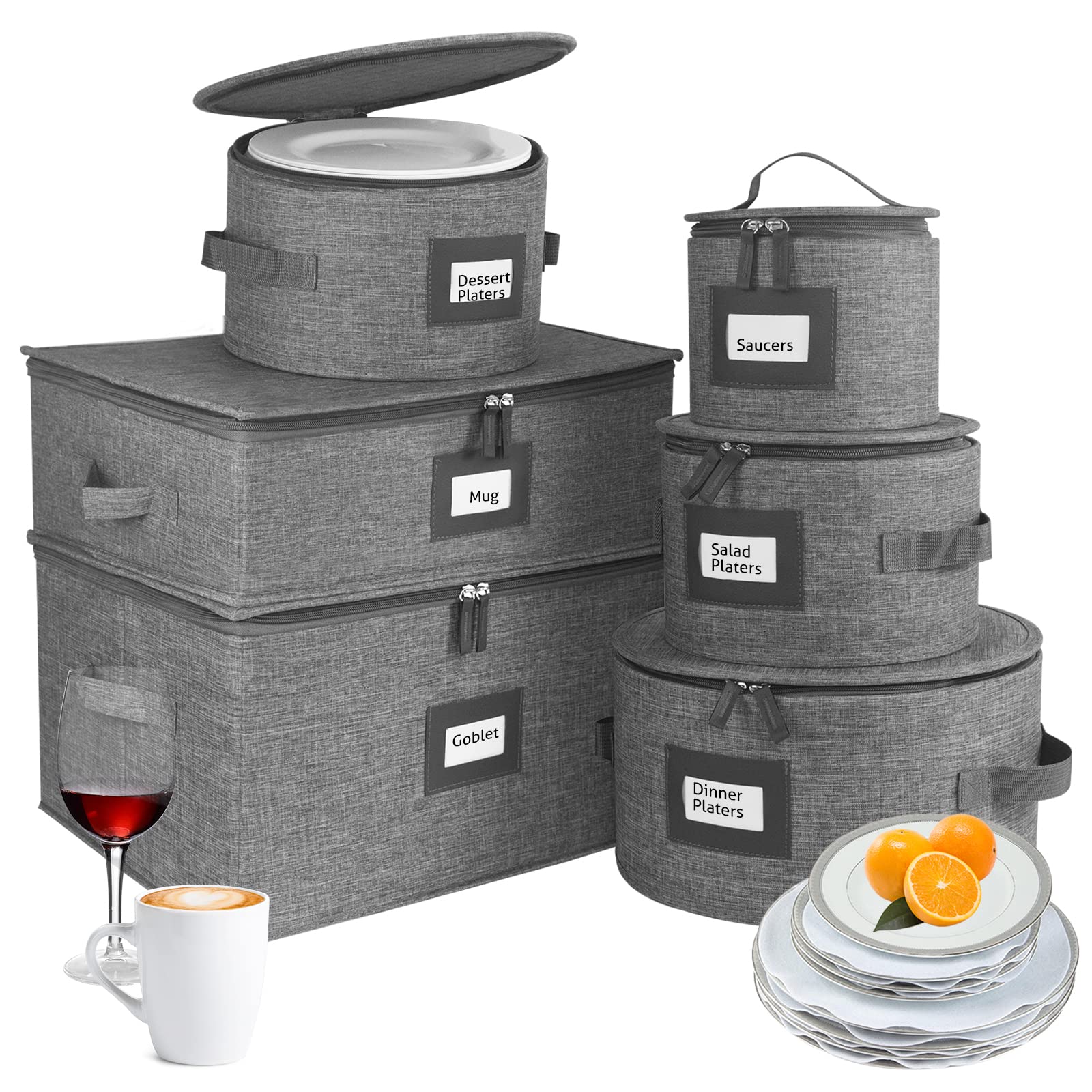 homyfort China Storage Containers Set of 6,Includes Wine Glass & Stemware Cases,Cup Coffee Mug Box,Dish Plate Containers,Hard Shell with Dividers Handles for Dinnerware Moving, 300D Grey with Handles