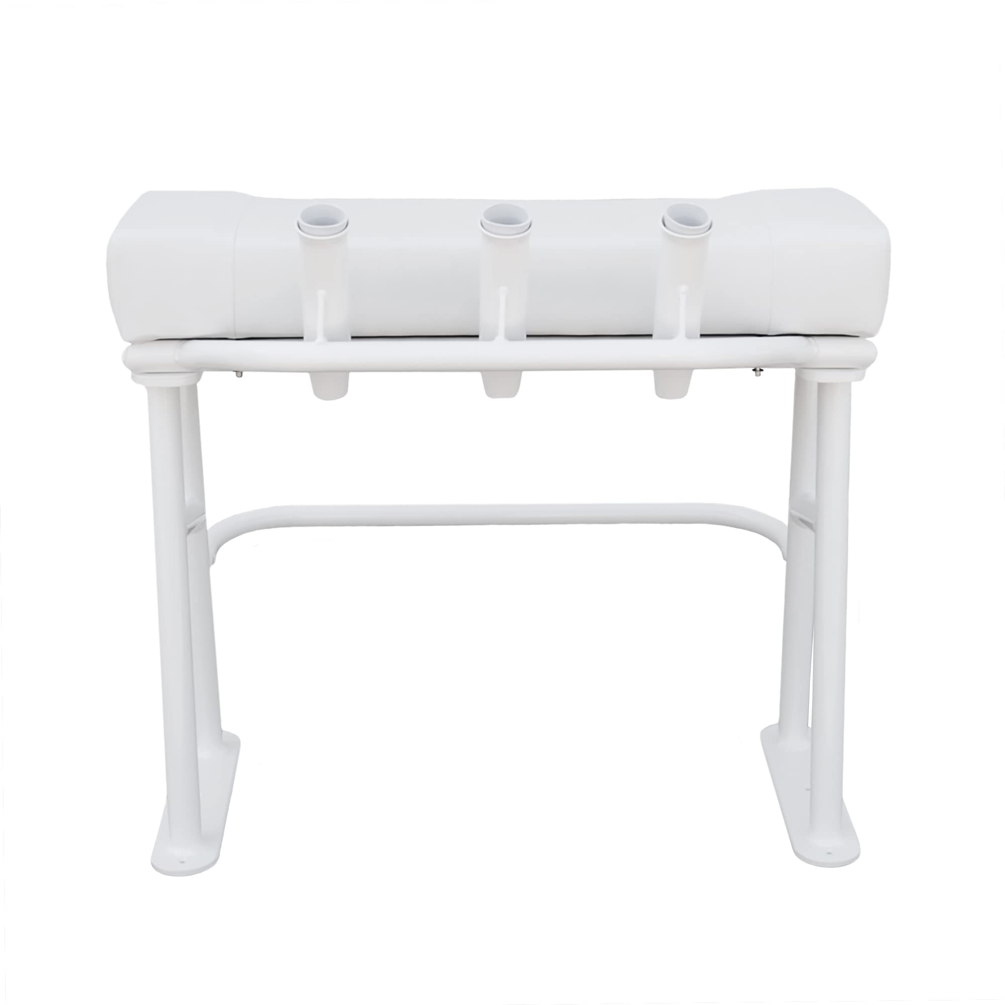 Fishmaster Original Leaning Post for Center Console Fishing Boats β Three Rocket Launcher Rod Holders, Rectractable Footrest, Flow Through Foam β White Upholstery/White Powder Coat