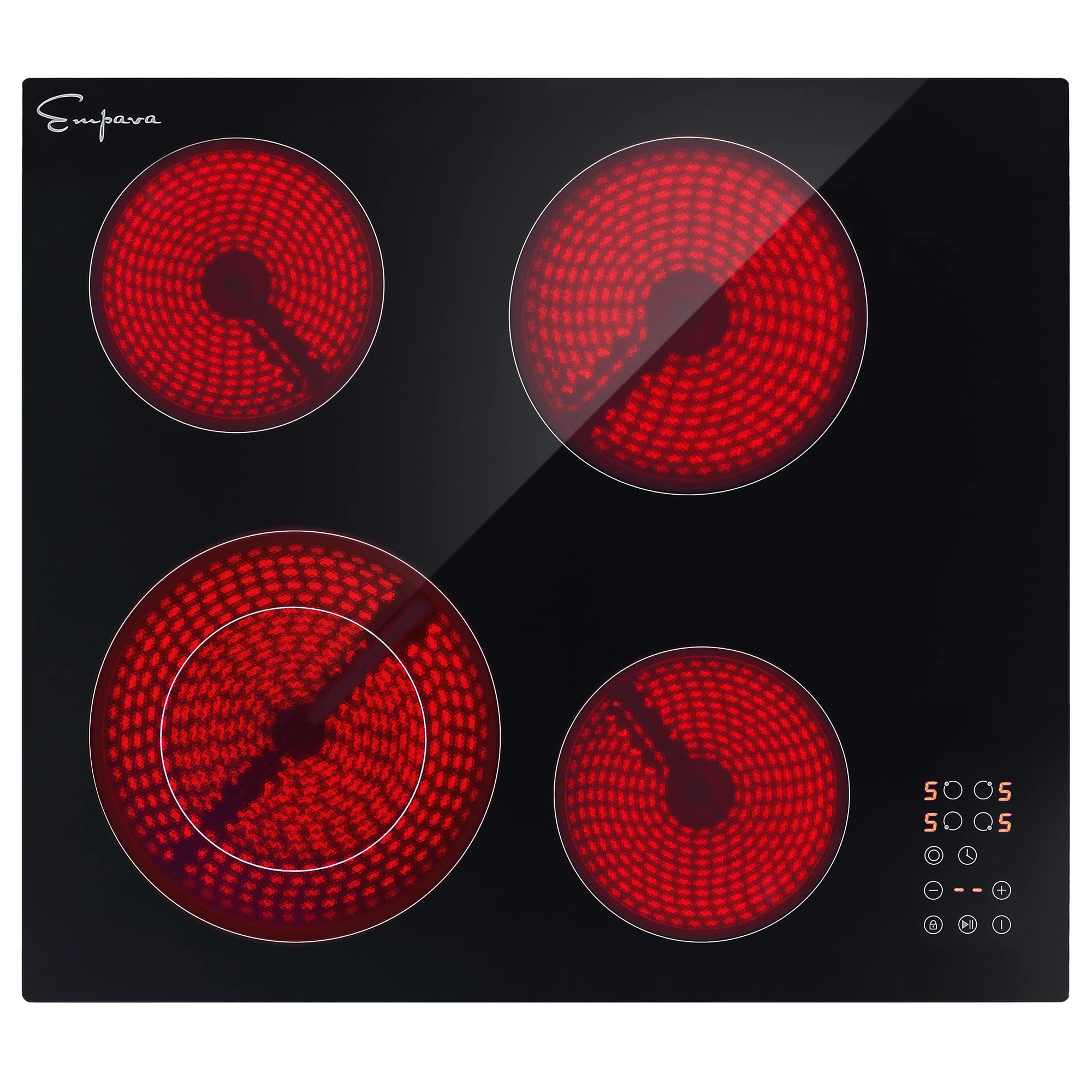Empava 24" Electric Radiant Cooktop 4 Burners Stove Top with 1-99 Minutes Timer and 9 Heating Levels Smooth Glass Surface in Black, 24 Inch