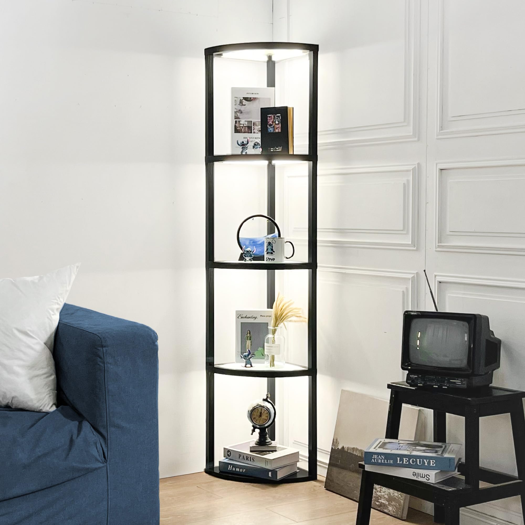 FENLO Fantasy Edge - 66" LED Corner Glass Display Shelf Lamp for Bedrooms, Dimmable Corner Floor Lamp with Shelves, Curio Cabinet Display Case with Remote Control (Black)