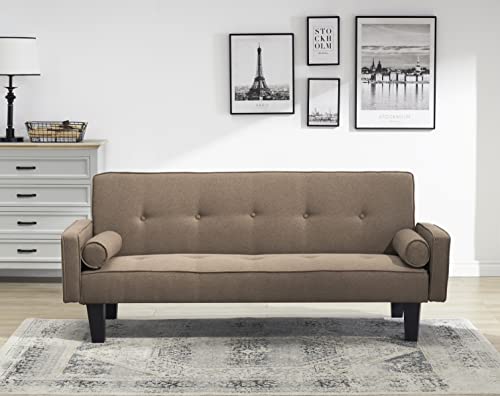 ERYE 71.6" W 3-in-1 Upholstered Napping Futon Loveseat Convertible Sleeper Bed,2-Seaters Sofa & Couch Tufted Cushions Love Seat Daybed for Small Space Living Room, Brown with Pillows