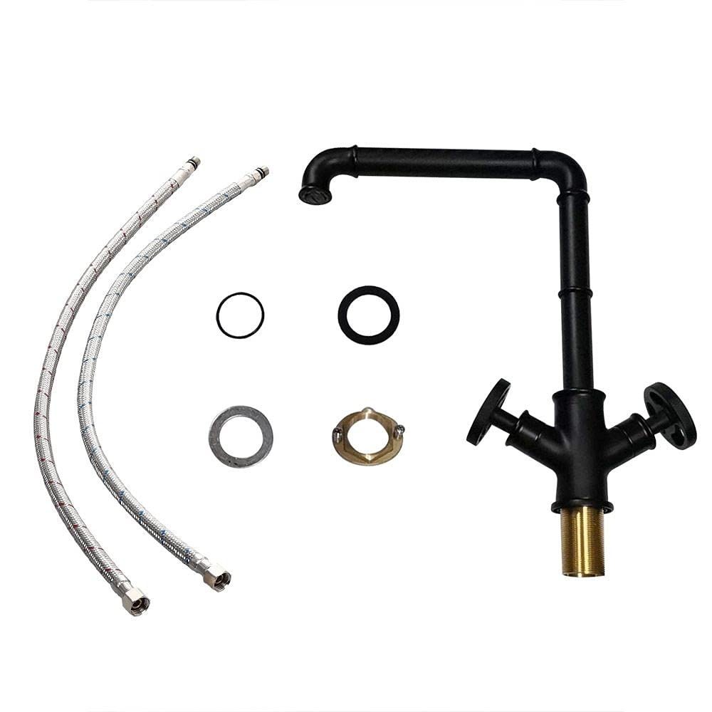 KunMai Industrial Pipe Style Single Hole Kitchen Faucet with Double Handle in Matte Black