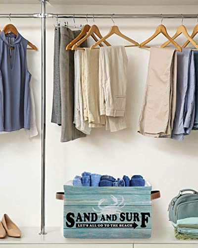 Summer Beach Crab Storage Basket Waterproof Cube Storage Bin Organizer with Handles, Anchor Nautical Sand and Surf Teal Wooden Collapsible Storage Cubes Bins for Clothes Books Toys 15"x11"x9.5"