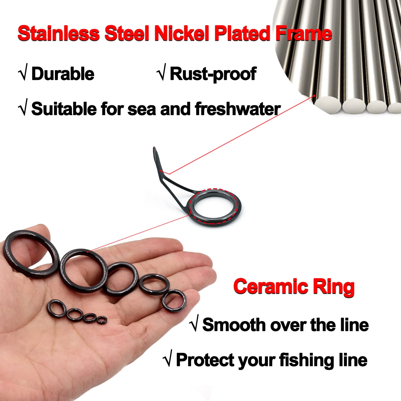 FishTrip Rod Repair Kit 40pcs Fishing Rod Tip Guide Repair kit Double Leg Ceramic Ring Fishing Pole Eyelets Replacement Kit