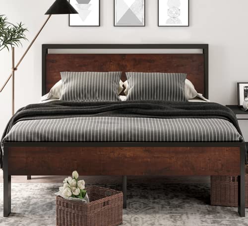 SHA CERLIN 14 Inch Full Size Metal Platform Bed Frame with Wooden Headboard and Footboard, Mattress Foundation, No Box Spring Needed, Large Under Bed Storage, Without Noise, Mahogany