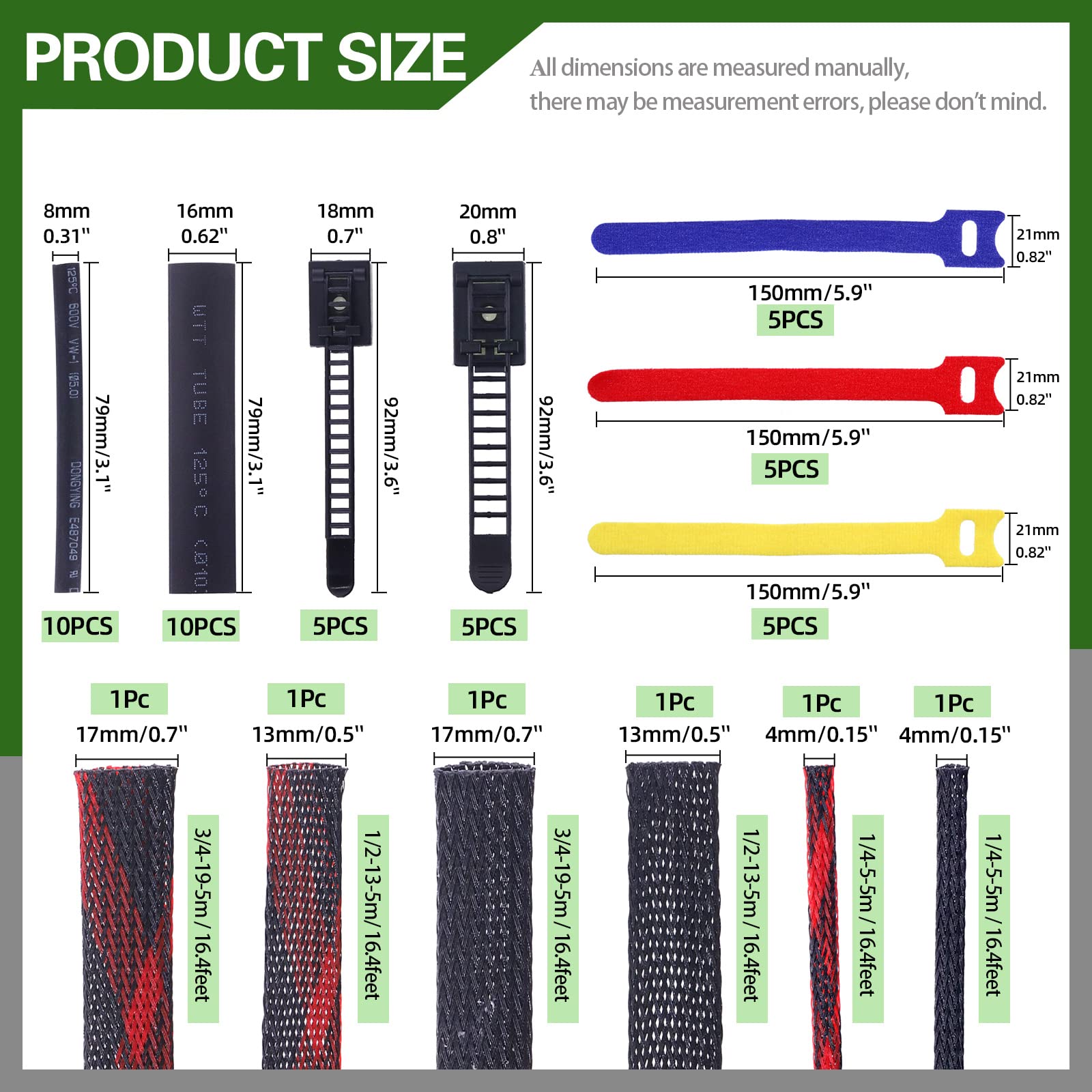 Keadic 51Pcs 1/2" 1/4" 3/4" Cable Management Wire Loom Kit Includes 16 ft Braided Cable Sleeve, Reusable Cord Ties, Heat Shrink Tube and Adhesive Nylon Zip Wire Straps for USB Audio Video