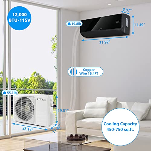 ROVSUN Wifi Enabled 12,000 BTU Mini Split AC/Heating System with Inverter, 19 SEER 115V Energy Saving Ductless Split-System Air Conditioner with Pre-Charged Condenser, Heat Pump & Installation Kit (Black Series)
